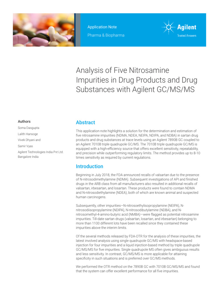 Nitrosamine Impurity Analysis in Drugs | PDF | Gas Chromatography–Mass ...