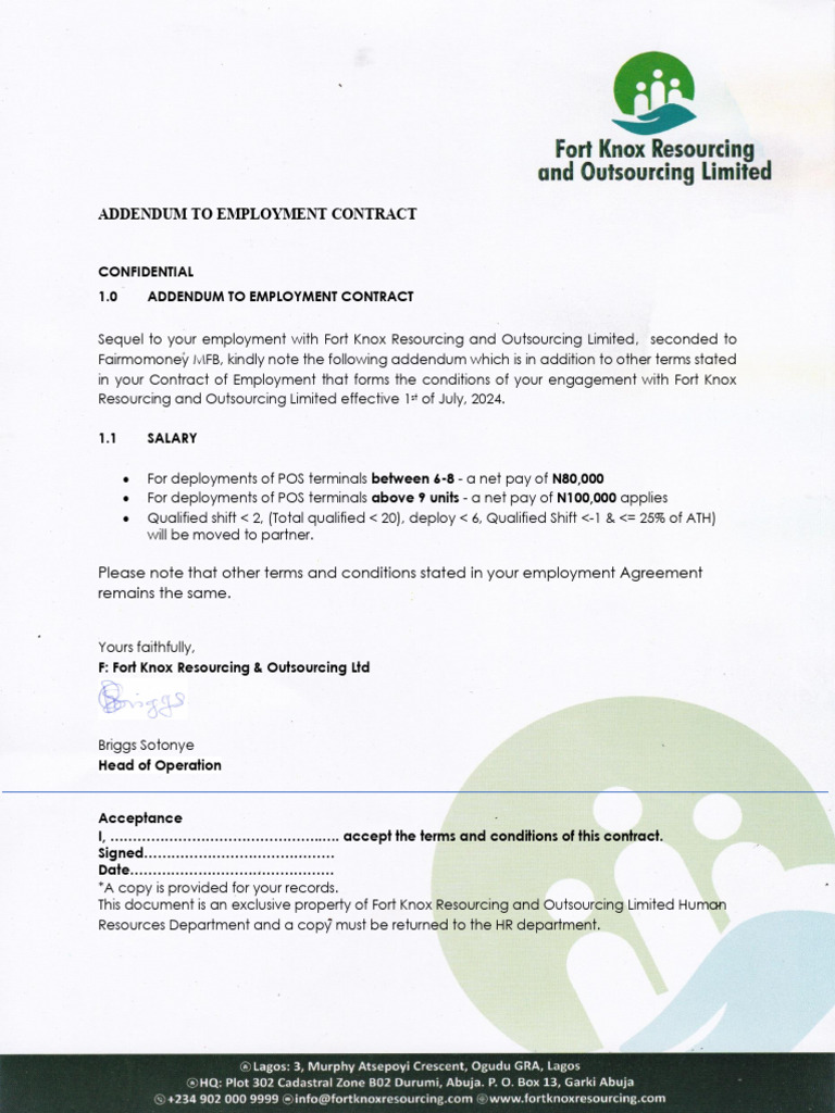 Addendum To Employment Contract | PDF