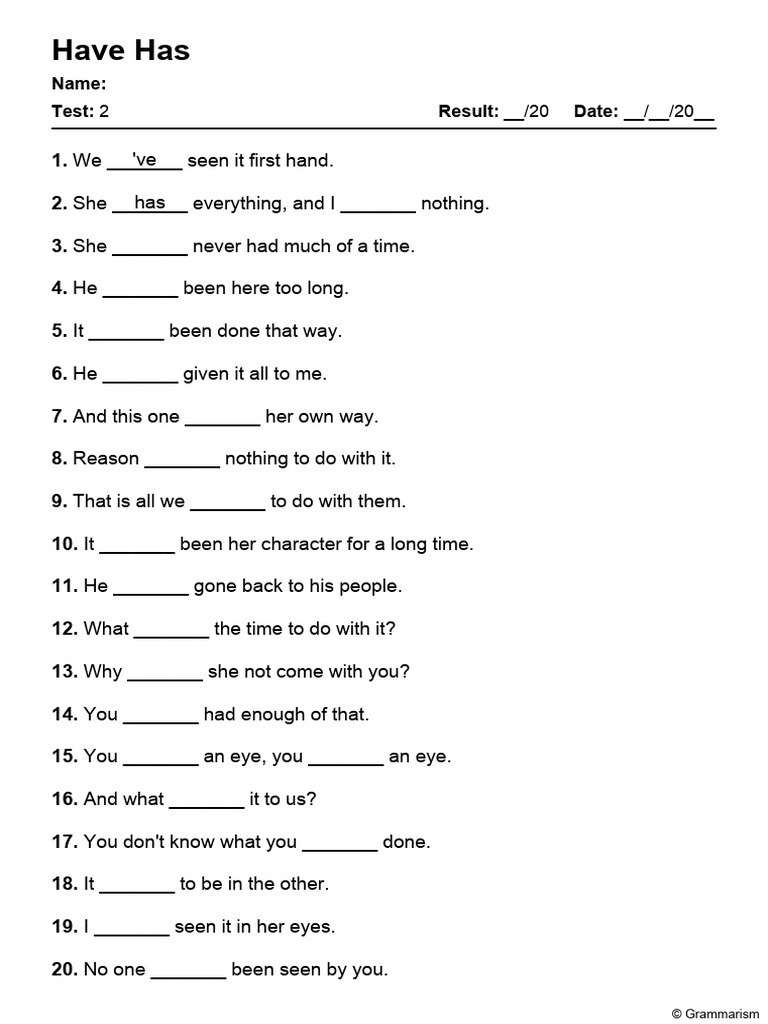 Has vs. Have Grammar Quiz | PDF