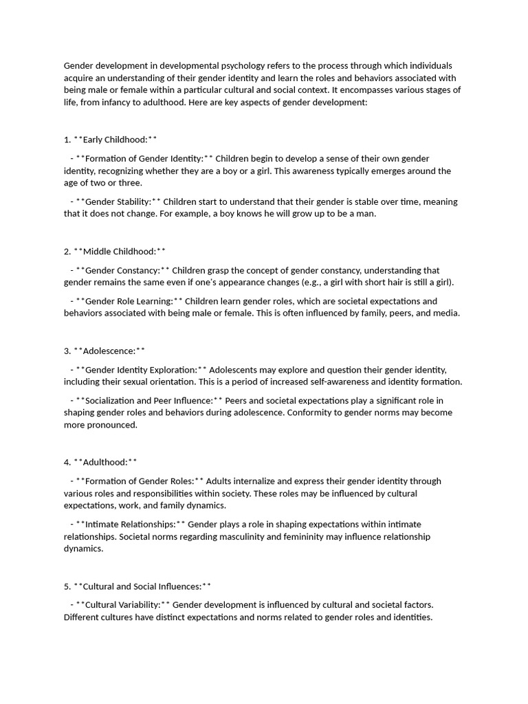 Gender Development in Developmental Psychology Refers to the Process ...