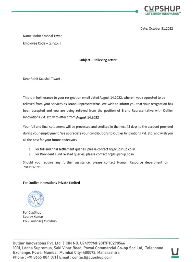 Relieving Letter & Experience Letter - Rohit Kaushal Tiwari | PDF
