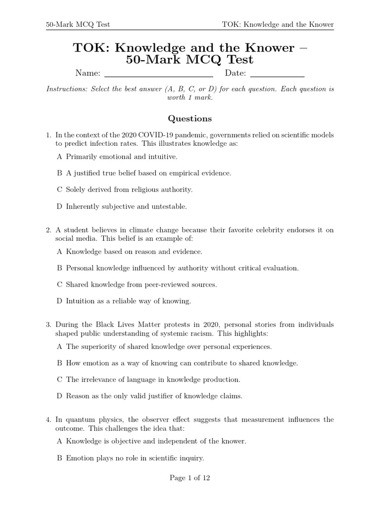 TOK 12 Knowledge and The Knower 50Qs | PDF | Knowledge | Empirical Evidence