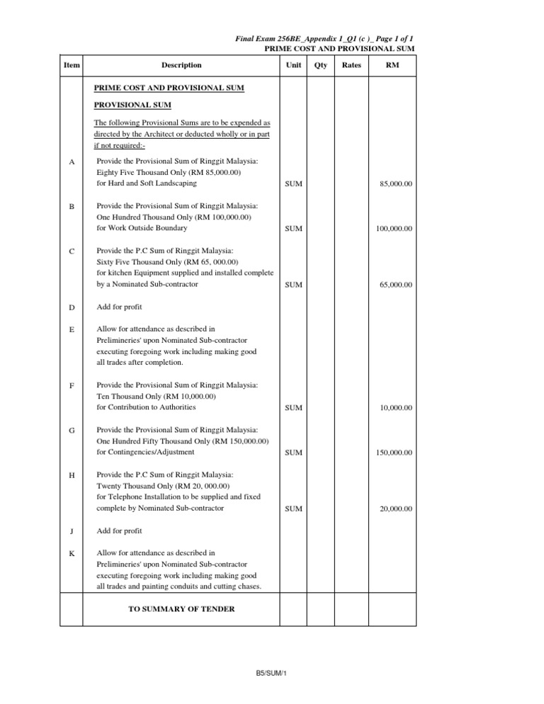 Prime Cost and Provisional Sum Breakdown | PDF