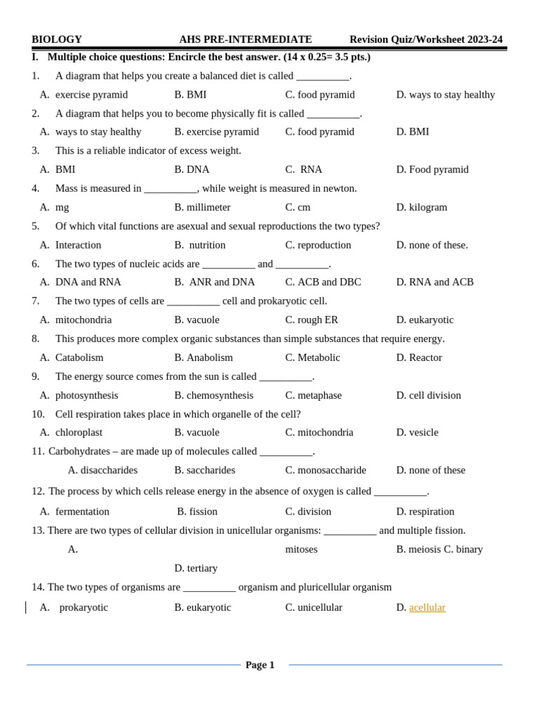 Biology Revision Quiz for Pre-Intermediate | PDF | Cell (Biology) | Biology