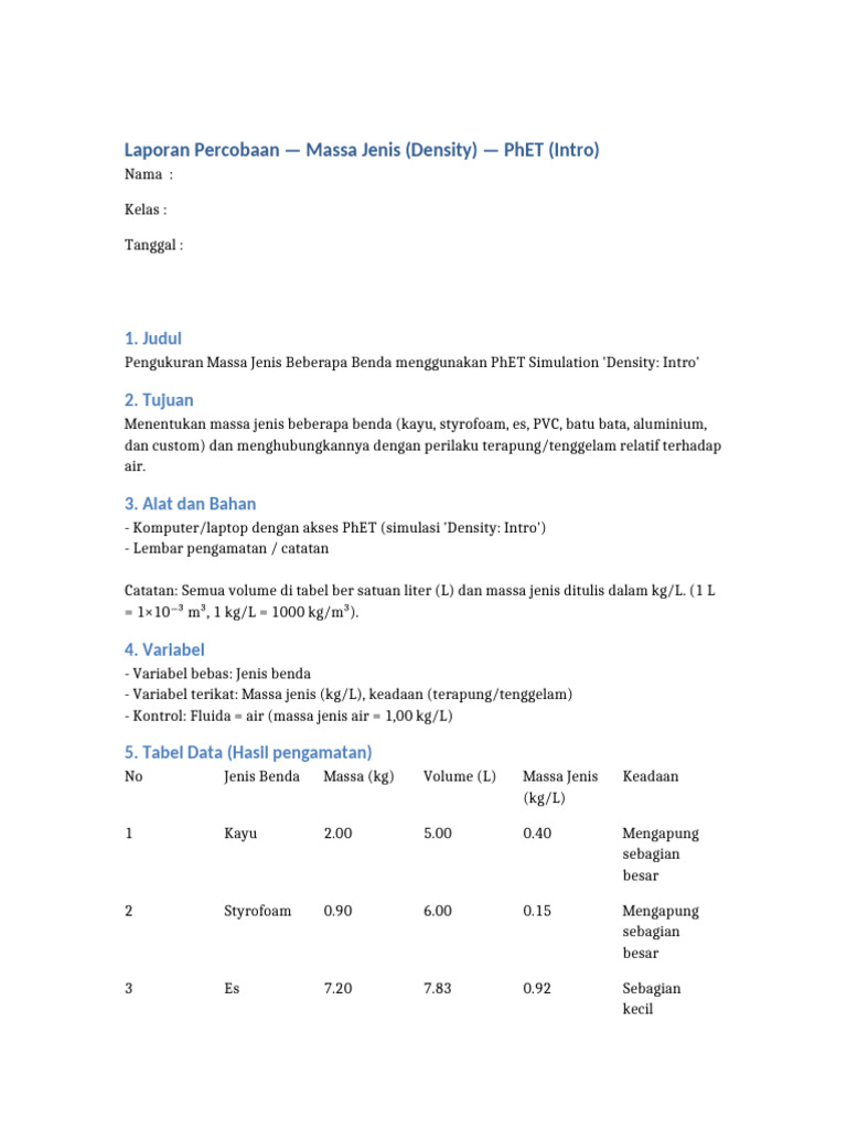 Pengukuran Massa Jenis Benda dengan PhET | PDF