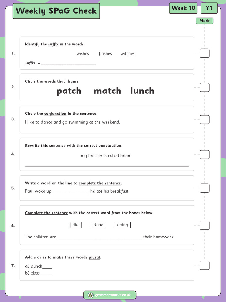 Y1 - Week 10 - Weekly SPaG Check | PDF