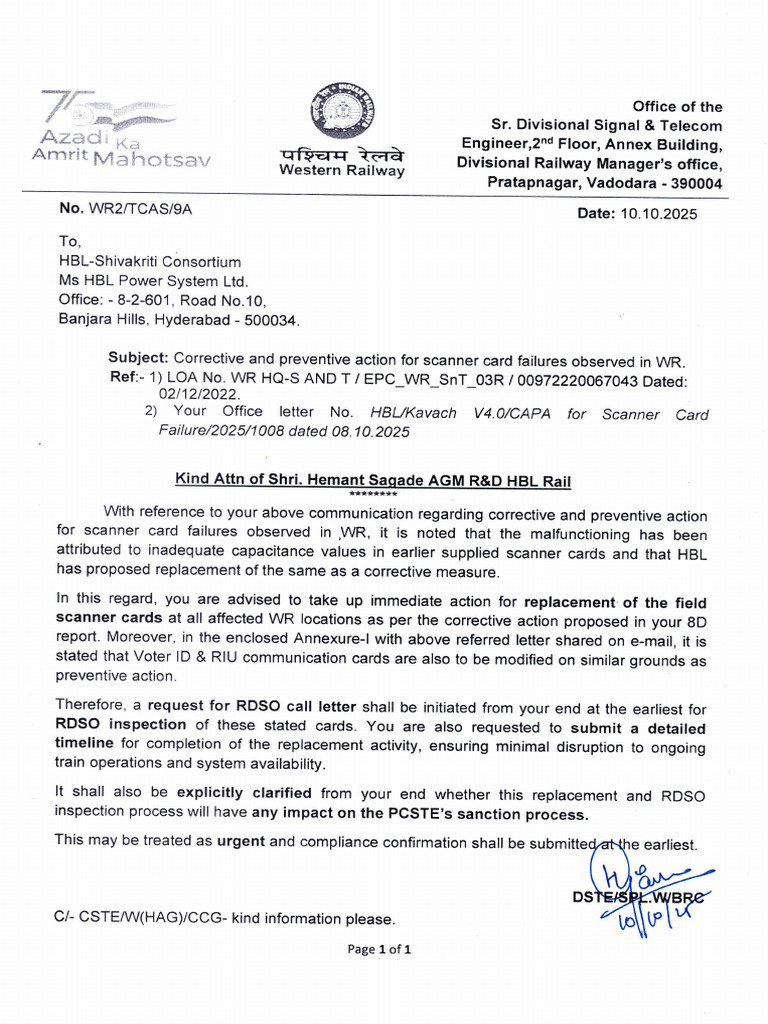 Letter To HBL - Corrective and Preventive Action For Scanner Card ...