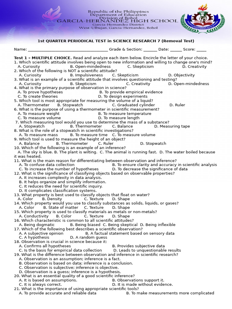 Science Research 7: 1st Quarter Test | PDF | Scientific Method ...