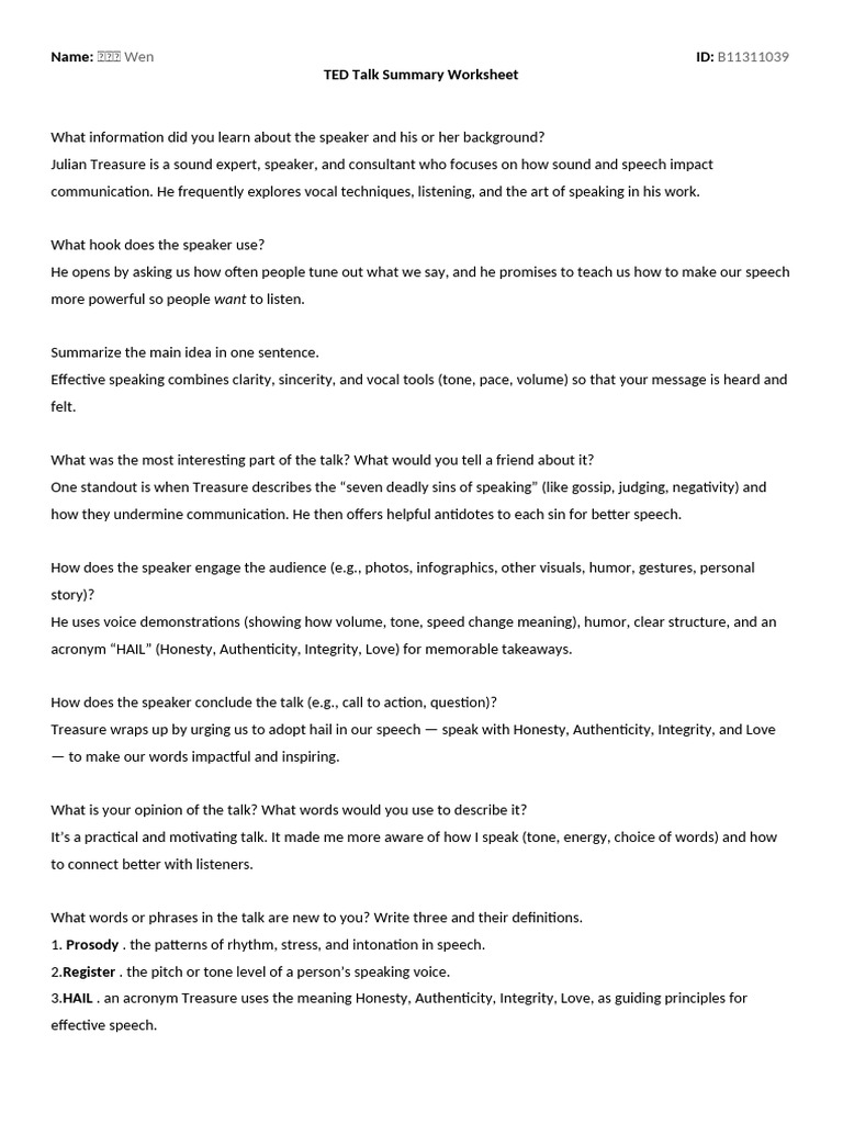 TED Talk Worksheet | PDF