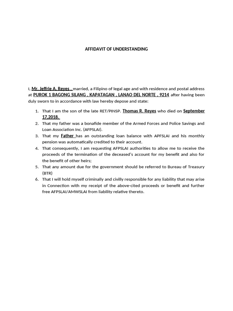 Affidavit of Understanding for Loan Proceeds | PDF