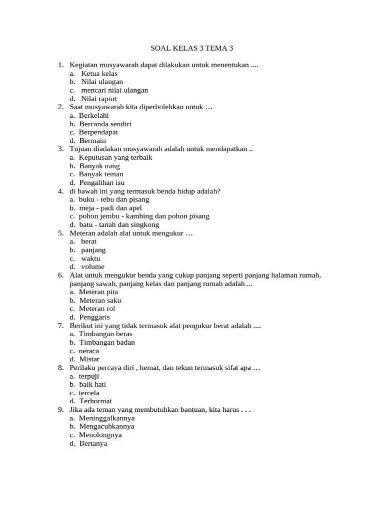 SOAL KELAS 3 TEMA 3 | PDF