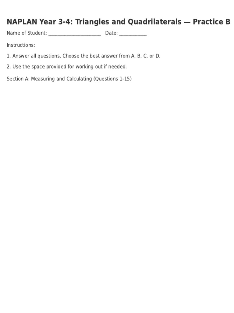 NAPLAN Year 3-4 Geometry Practice Test | PDF | Rectangle | Area