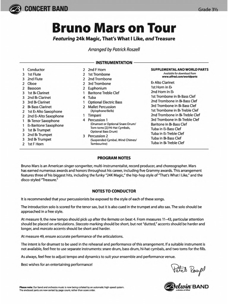 Bruno Mars On Tour - Arr. Patrick Roszell | PDF