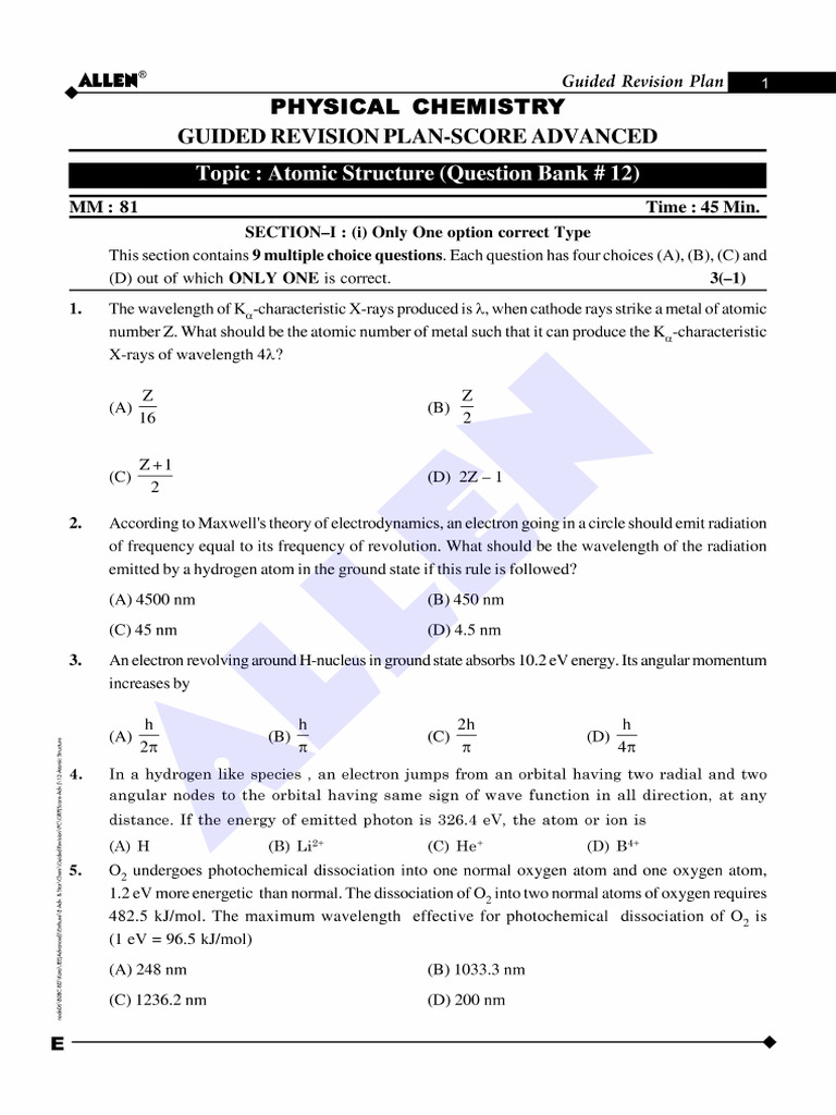 Atomic Structure (Questions Bank # 12) | PDF