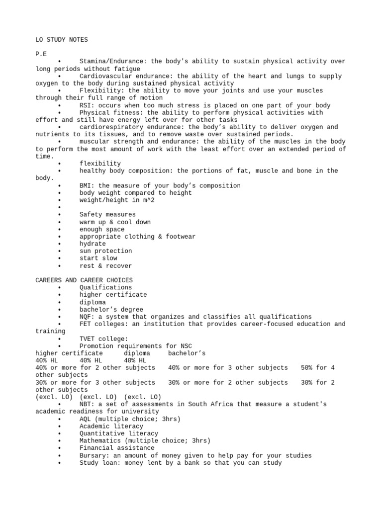 LO Study Notes | PDF | Flexibility (Anatomy) | Endurance