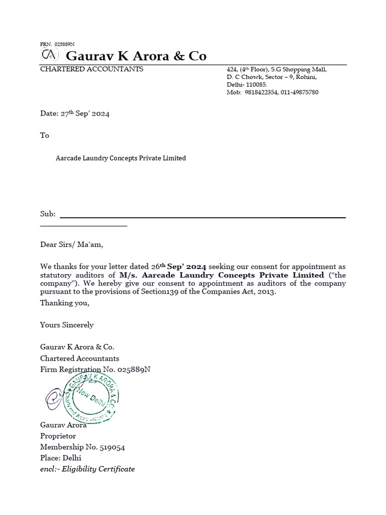 Statutory Auditor Appointment Consent Letter | PDF | Audit | Business
