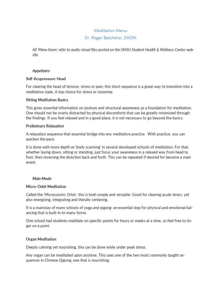 SHW Meditation Menu | PDF | Meditation | Qigong