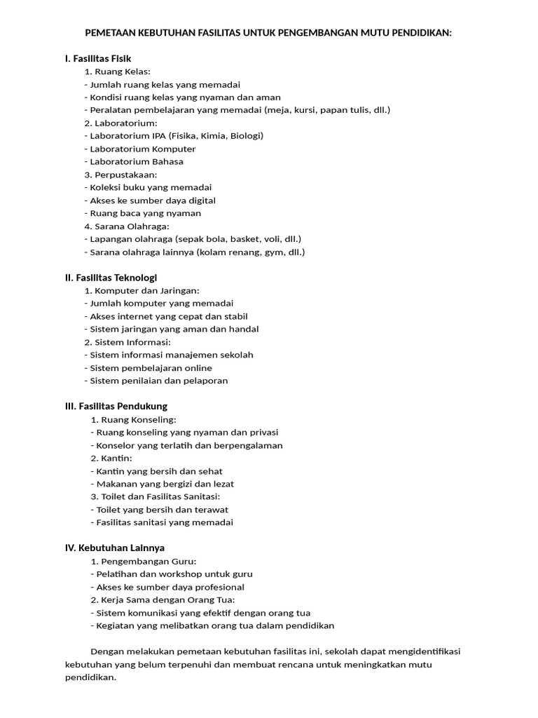 Pemetaan Kebutuhan Fasilitas Untuk Pengembangan Mutu Pendidikan 168 Dangke | PDF