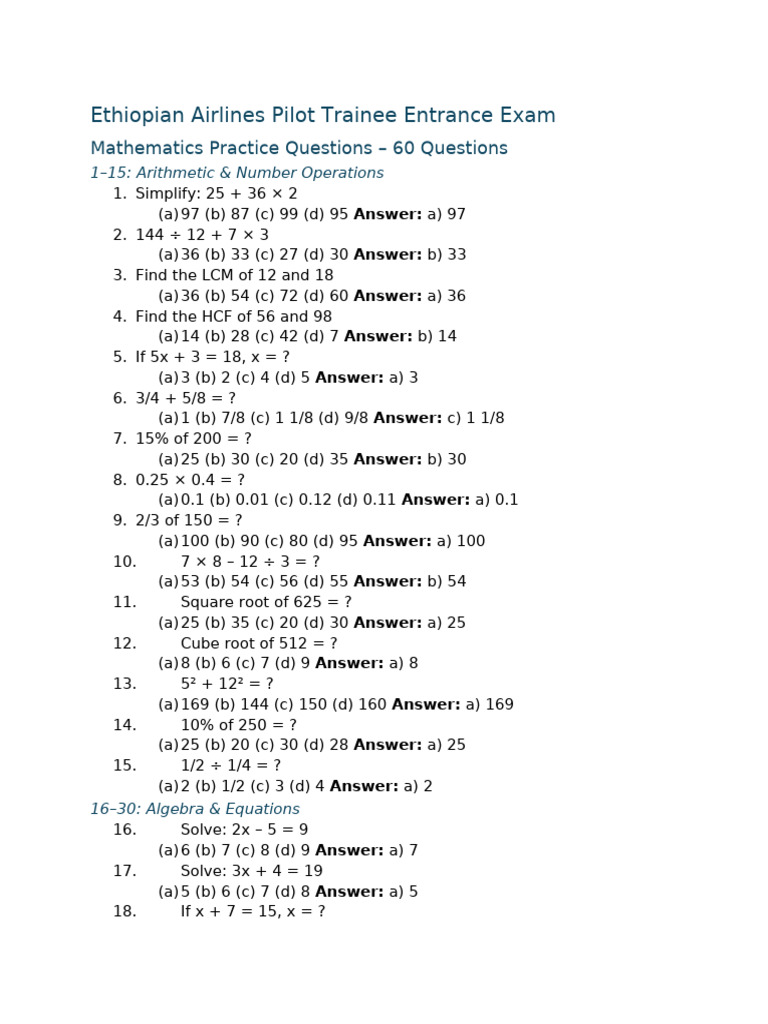 Ethiopian Airlines Pilot Exam Math Questions | PDF | Area | Elementary ...