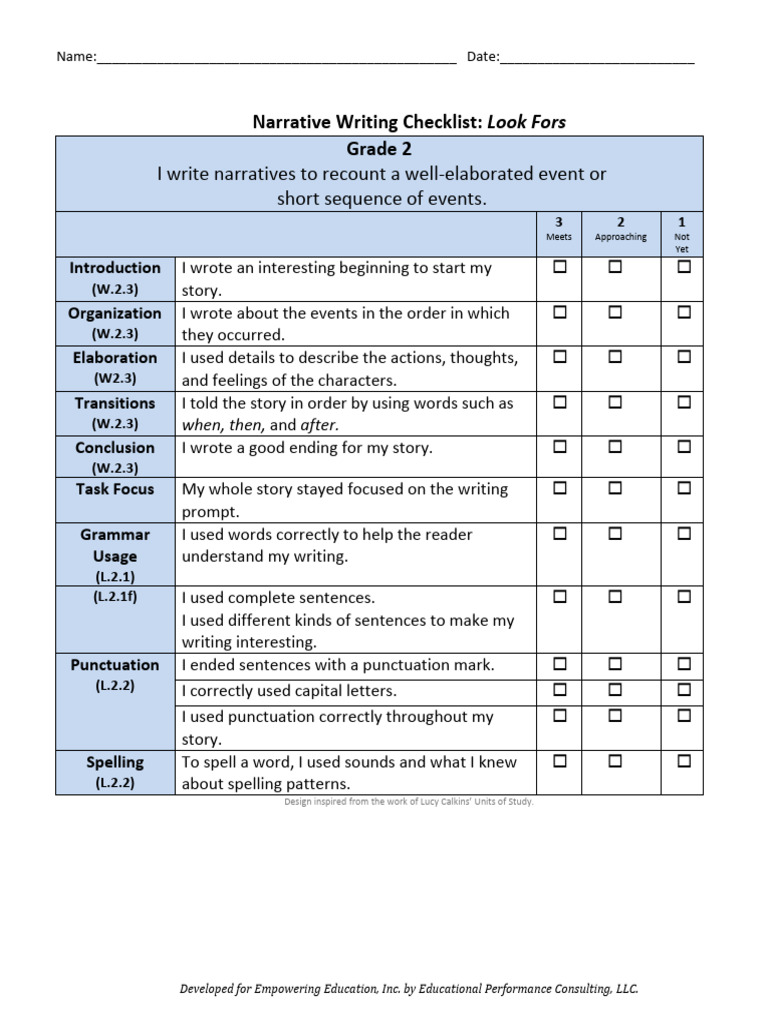 2nd Grade Narrative Writing Checklist Look Fors | PDF | Linguistics ...