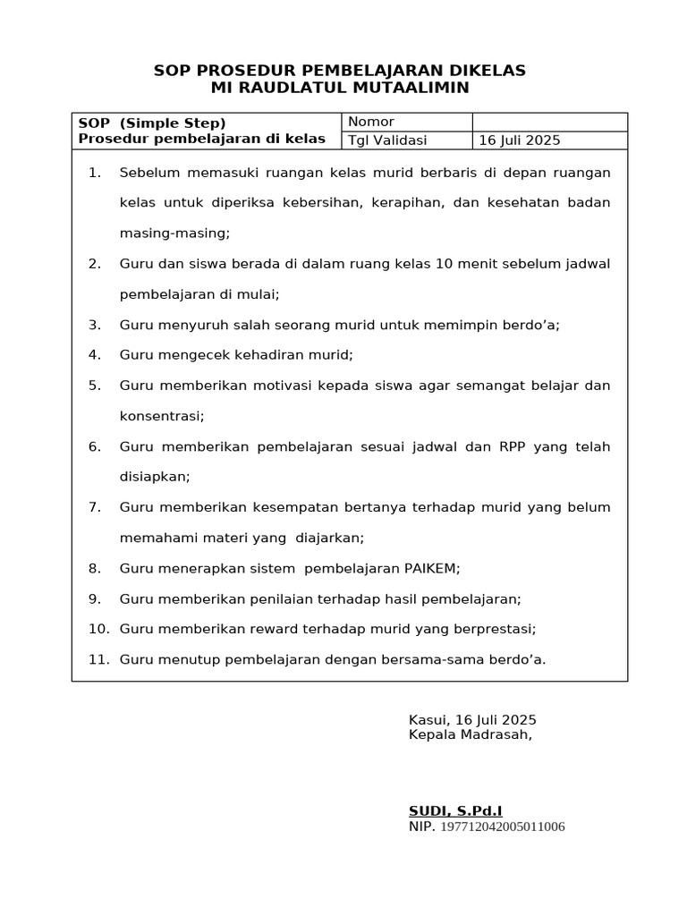 SOP Pembelajaran Kelas MI Raudlatul Muta'alimin | PDF