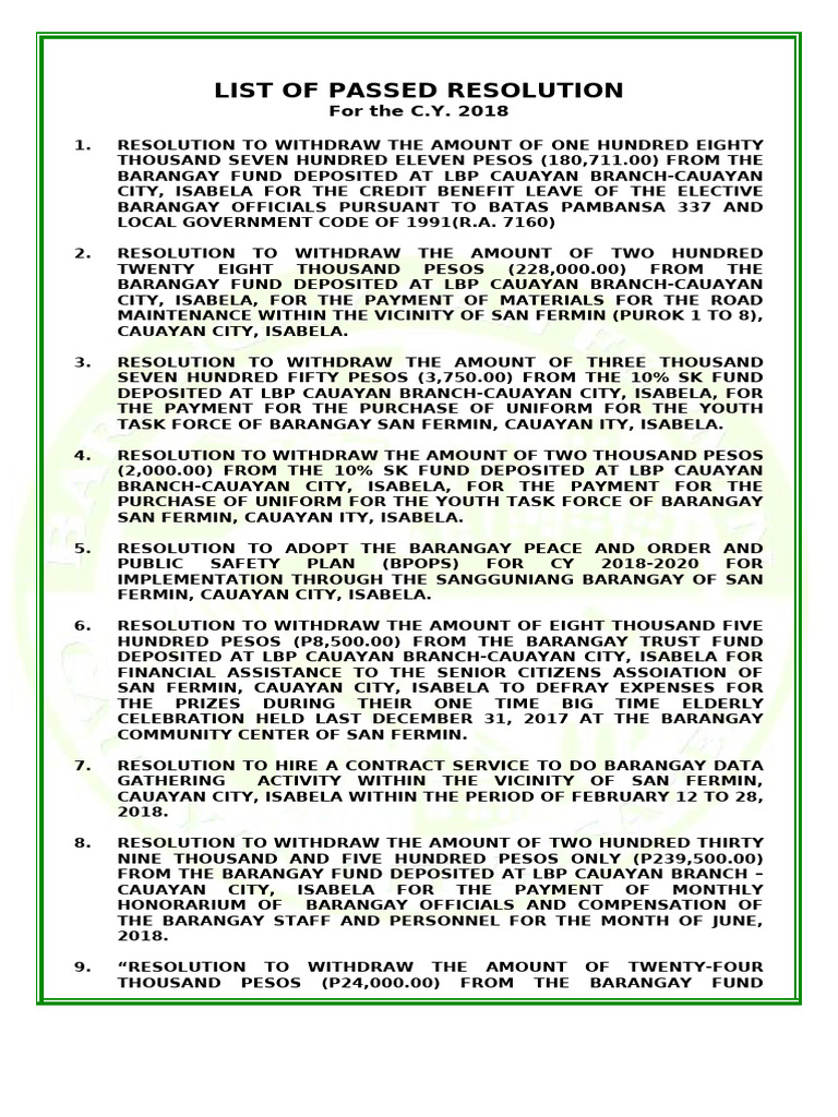 2018 Barangay Resolutions Summary | PDF