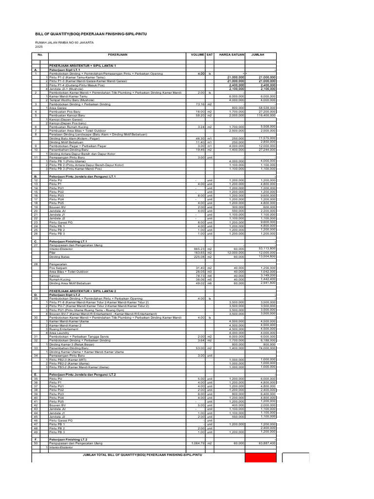 Boq Rumah Rimba.xlsx - A1 Rab Ars-pages | PDF