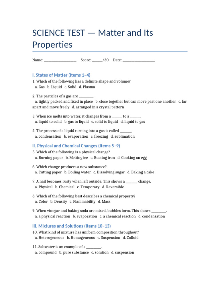 Matter Properties Science Test | PDF | Mixture | Chemical Substances