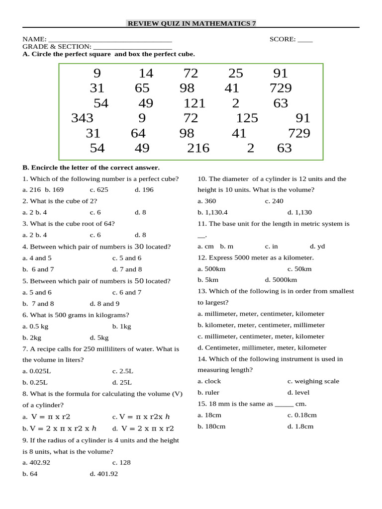 Review Quiz in Mathematics 7 | PDF | Volume