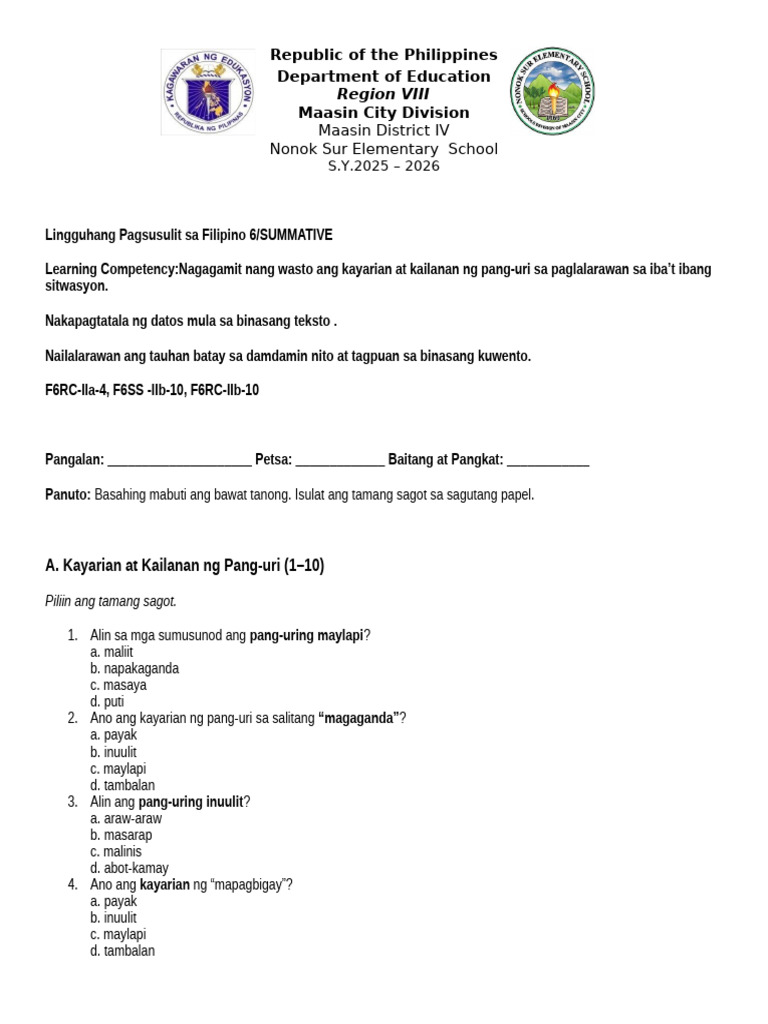 Summative Test in Filipino q2 | PDF