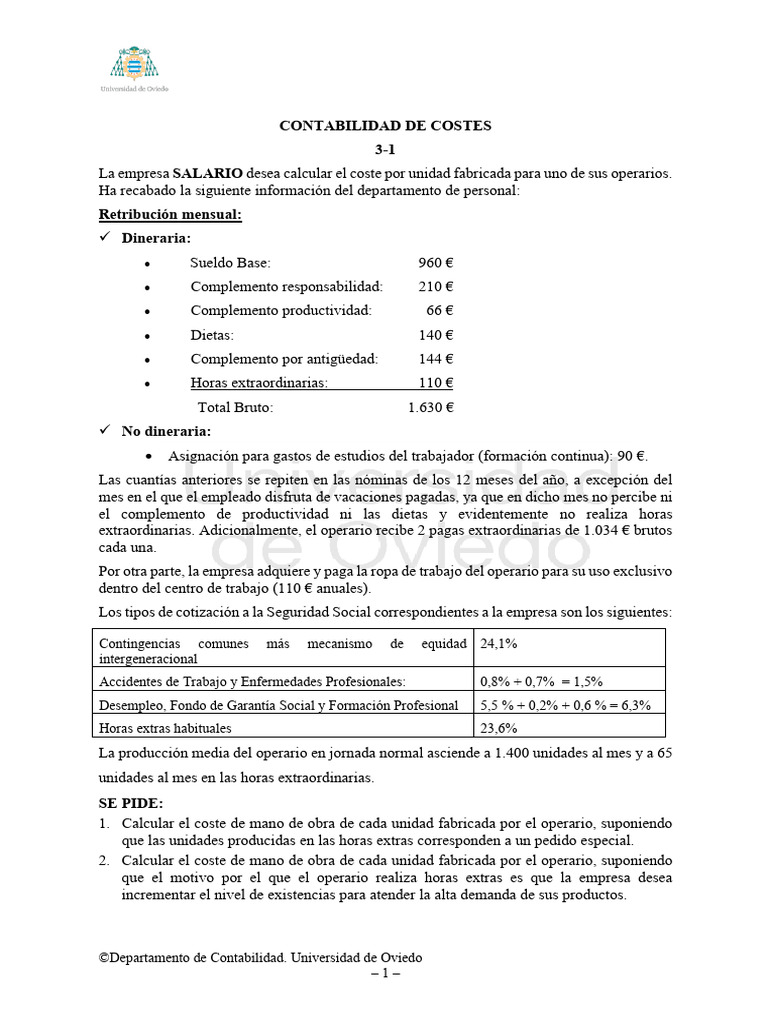 Enunciados Supuestos Tema 3 CyF (2024-25) | PDF | Salario | Contabilidad de costos