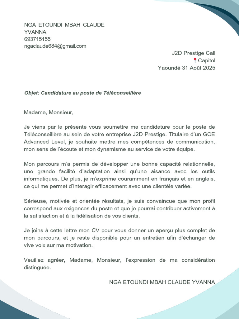 Candidature Téléconseillère J2D Prestige | PDF