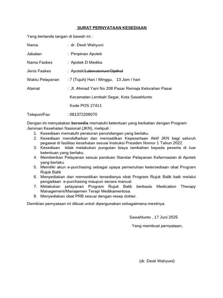 Surat Kesediaan JKN Apotek D Medika | PDF