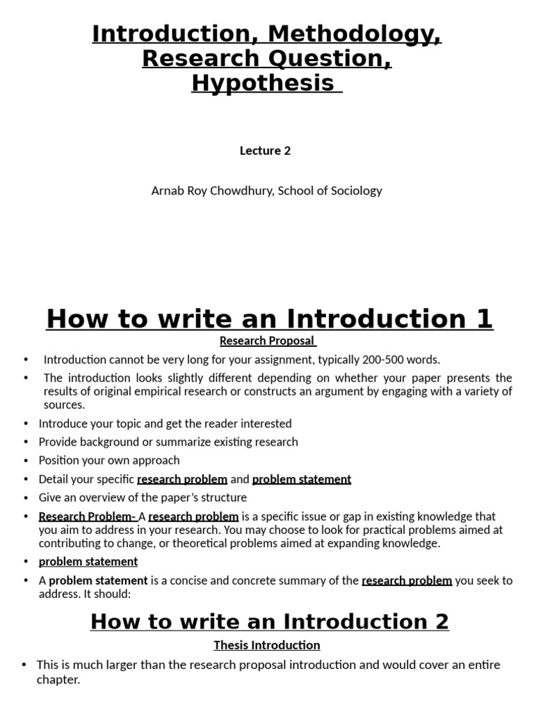 Lecture 2 Intro, Method, Research Question, Hypothesis | PDF ...