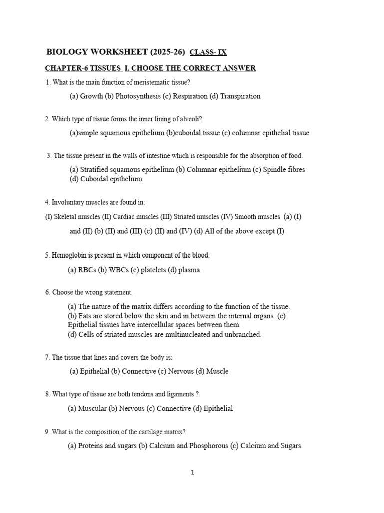 Biology Worksheet Class 9 Tissue | PDF | Tissue (Biology) | Muscle