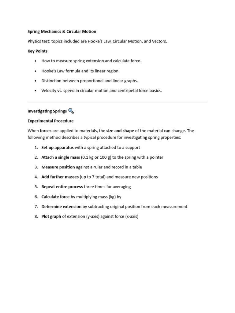 Spring Mechanics and Circular Motion Guide | PDF | Force | Velocity