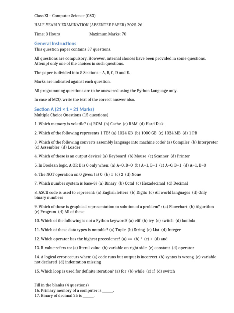 Class XI Computer Science Half-Yearly Exam | PDF | Computer Programming ...