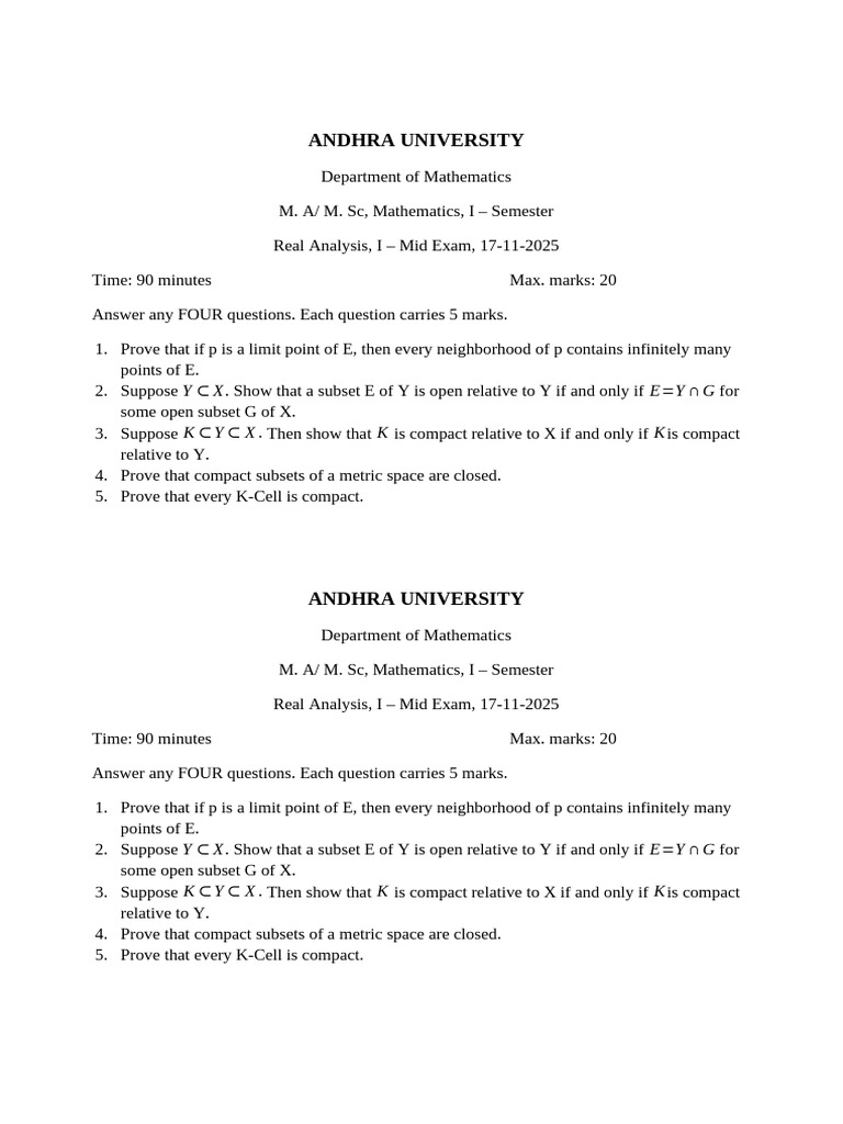 Real Analysis Mid Exam Questions | PDF