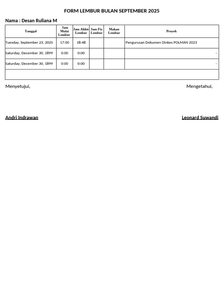 Form Lembur September 2025 Desan M | PDF