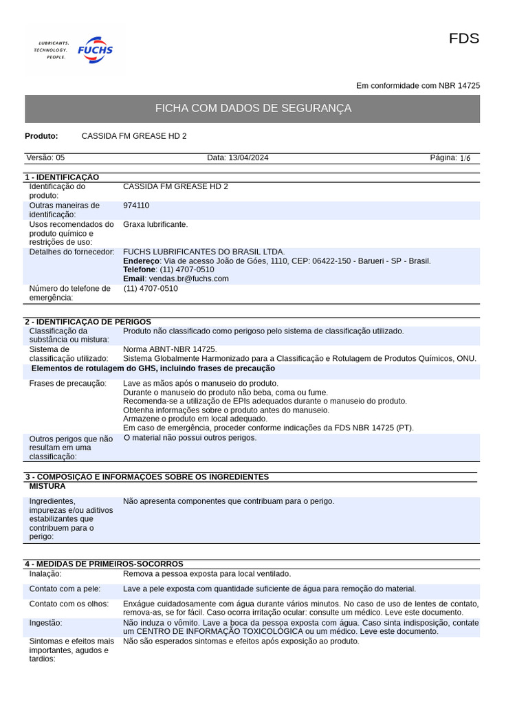 Fds- Cassida Fm Grease Hd 2 - Fds Ghs Nbr 14725 | PDF | Toxicidade