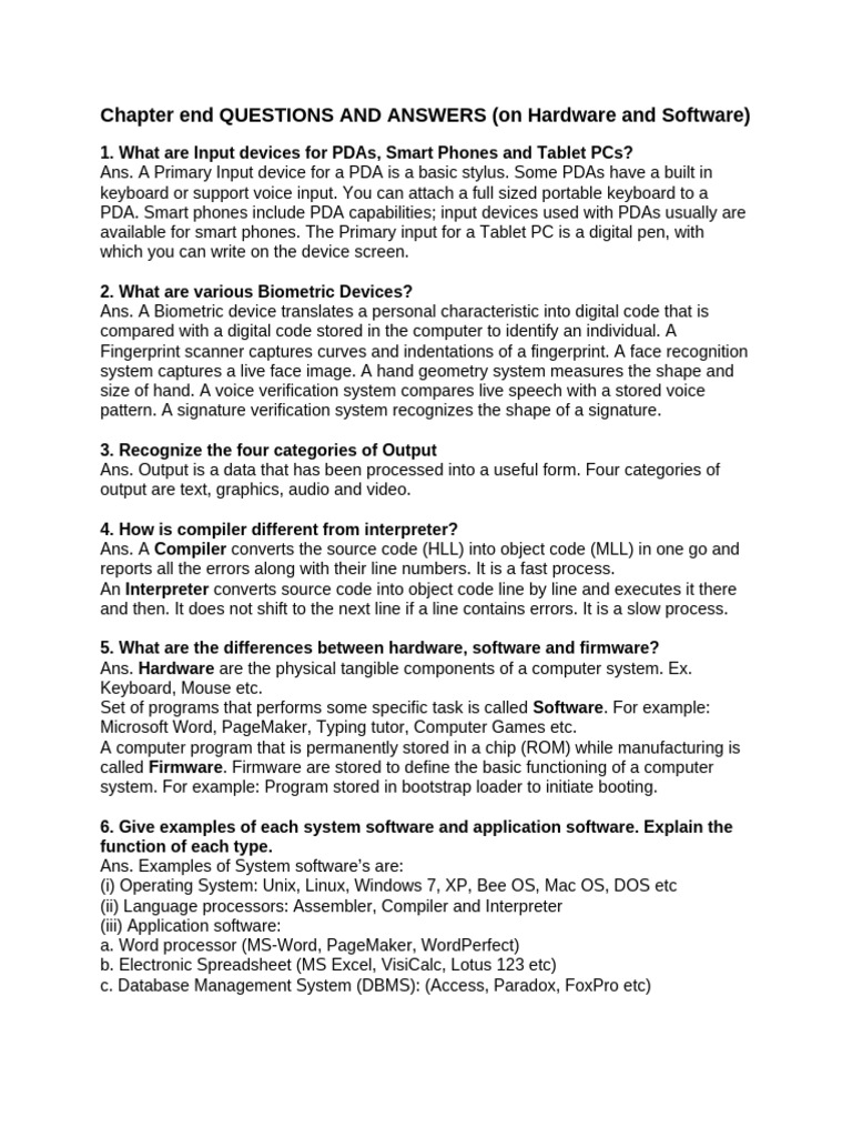 Chapter End QUESTIONS and ANSWERS (Hardware and Software) | PDF | Printer (Computing) | Malware