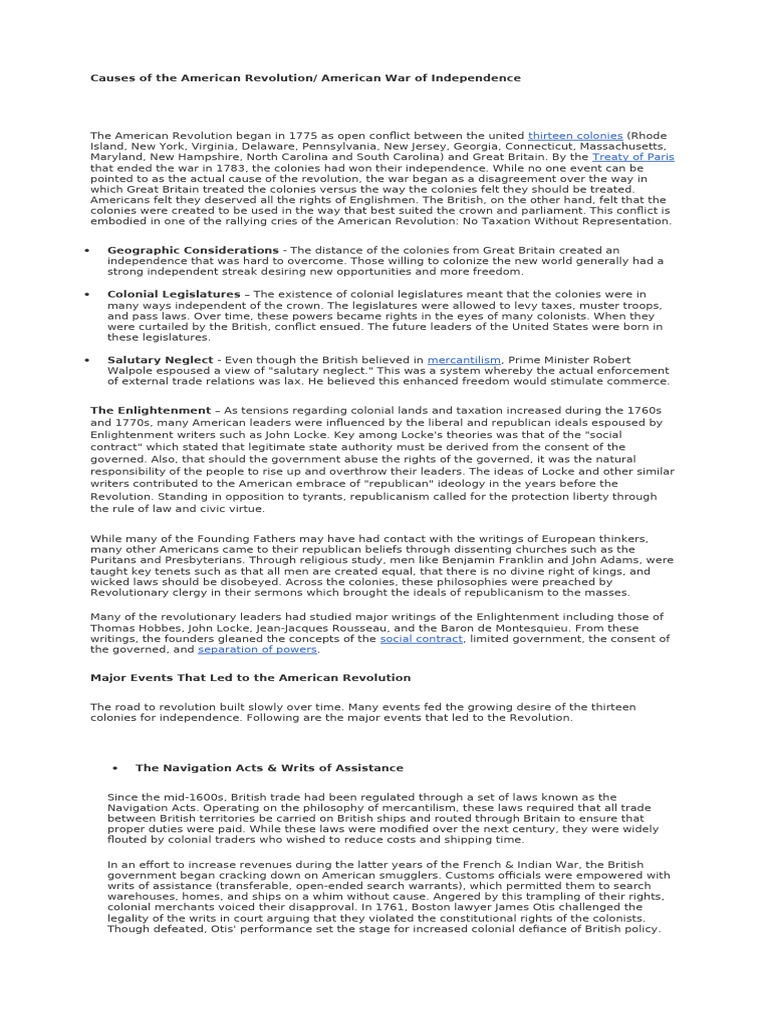 Causes of The American Revolution | PDF | American Revolution | British ...