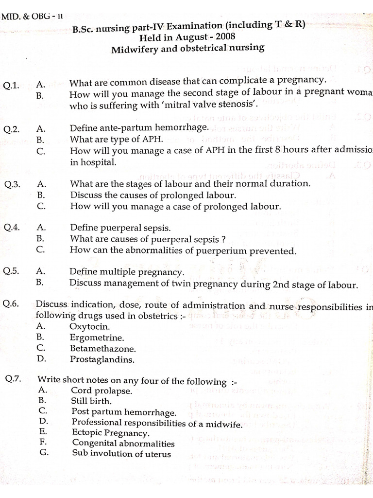 Obg (Midwifery and Obstetrics)Previous Year Question Paper | PDF