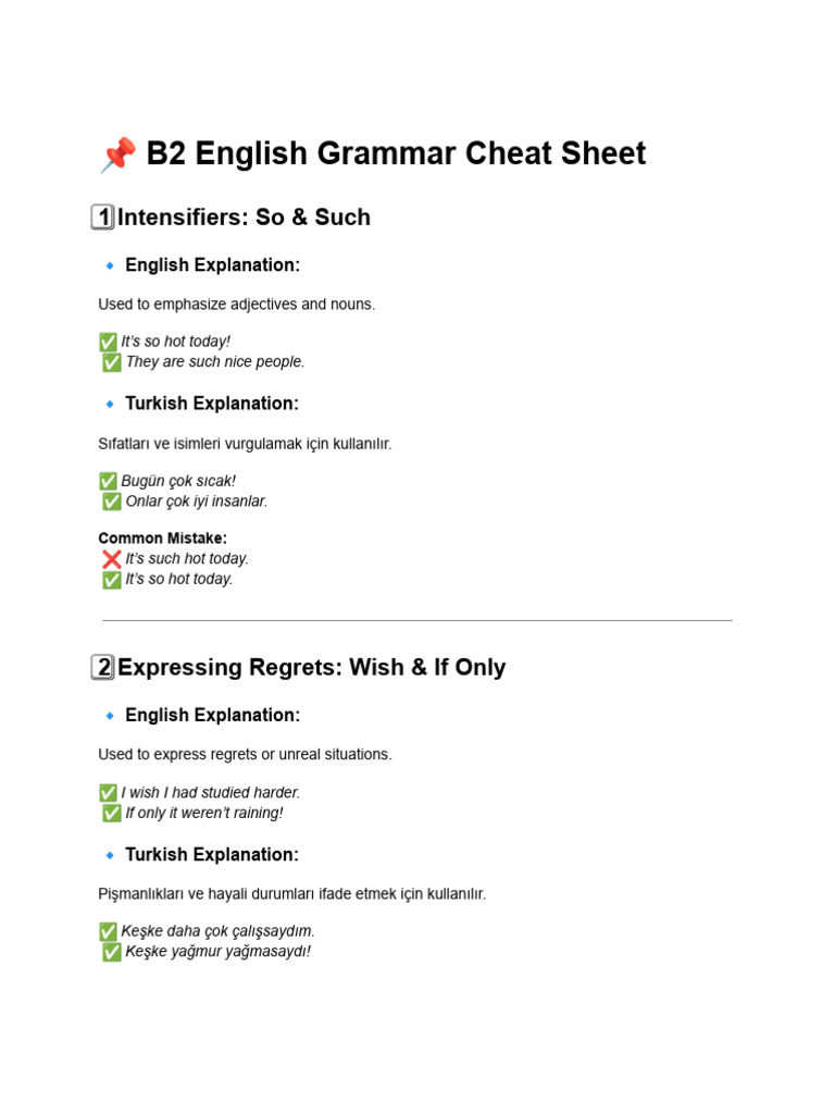 B2 English Grammar Cheat Sheet | PDF