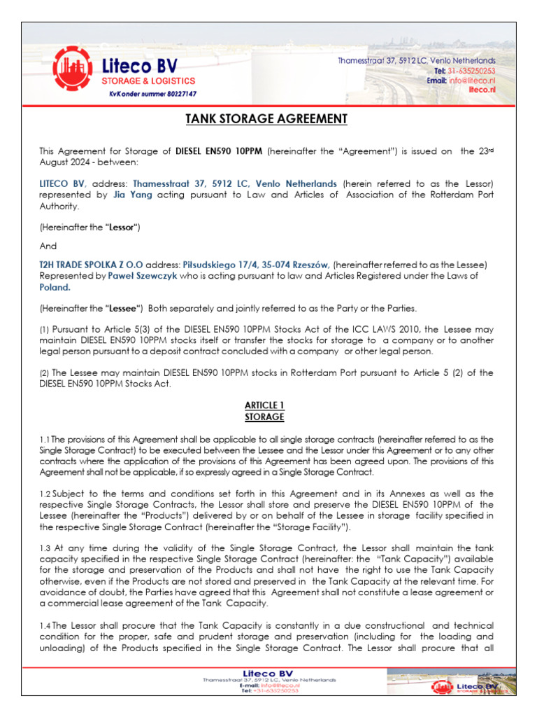 Liteco Bv - Tank Storage Agreement - Diesel En590 - Rotterdam Port ...