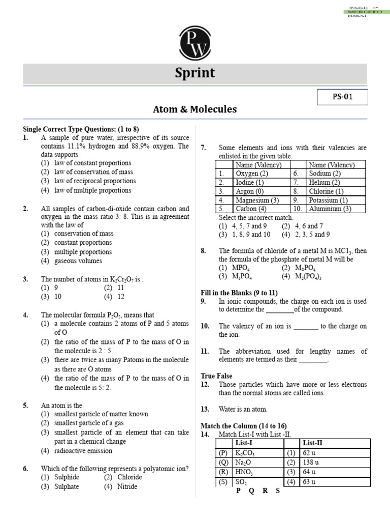 Practice Sheet 01B Atoms & Molecules Chemistry | PDF | Chemical ...