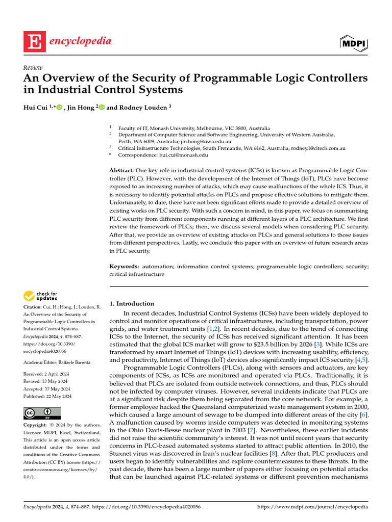 An Overview of The Security of Programmable Logic Controllers in Industrial Control Systems ...