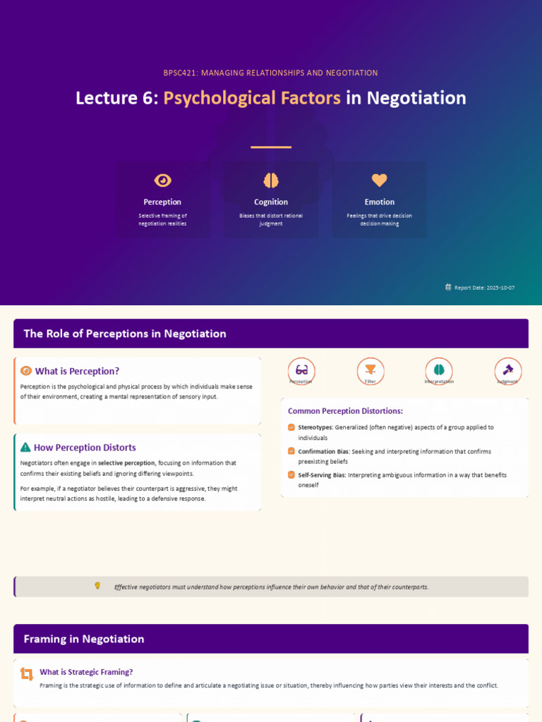 Lecture 6 - Psychological Factors in Negotiation | PDF | Negotiation | Perception