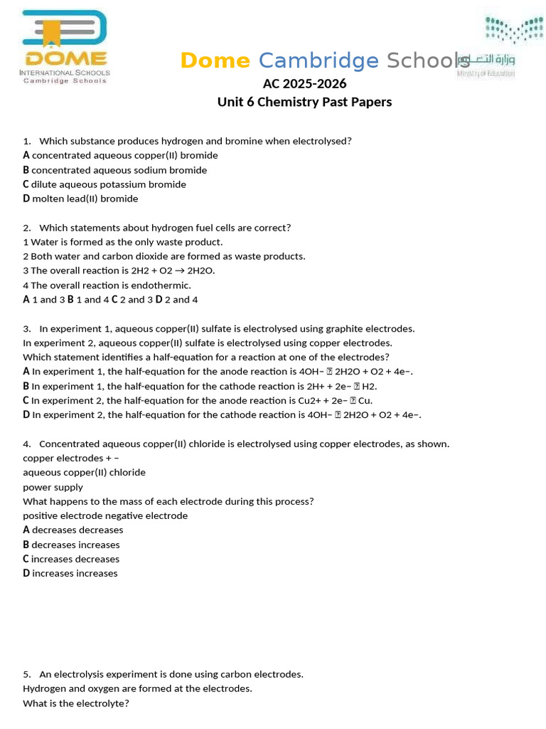 Chemistry Unit - 6 Past Papers Camb | PDF | Anode | Electrolyte