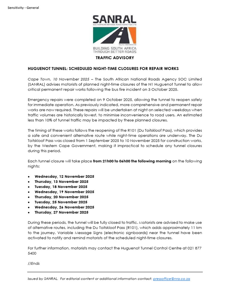 SANRAL Tunnel Night Time Closures 10 Nov 2025 - 251110 - 210530 | PDF ...